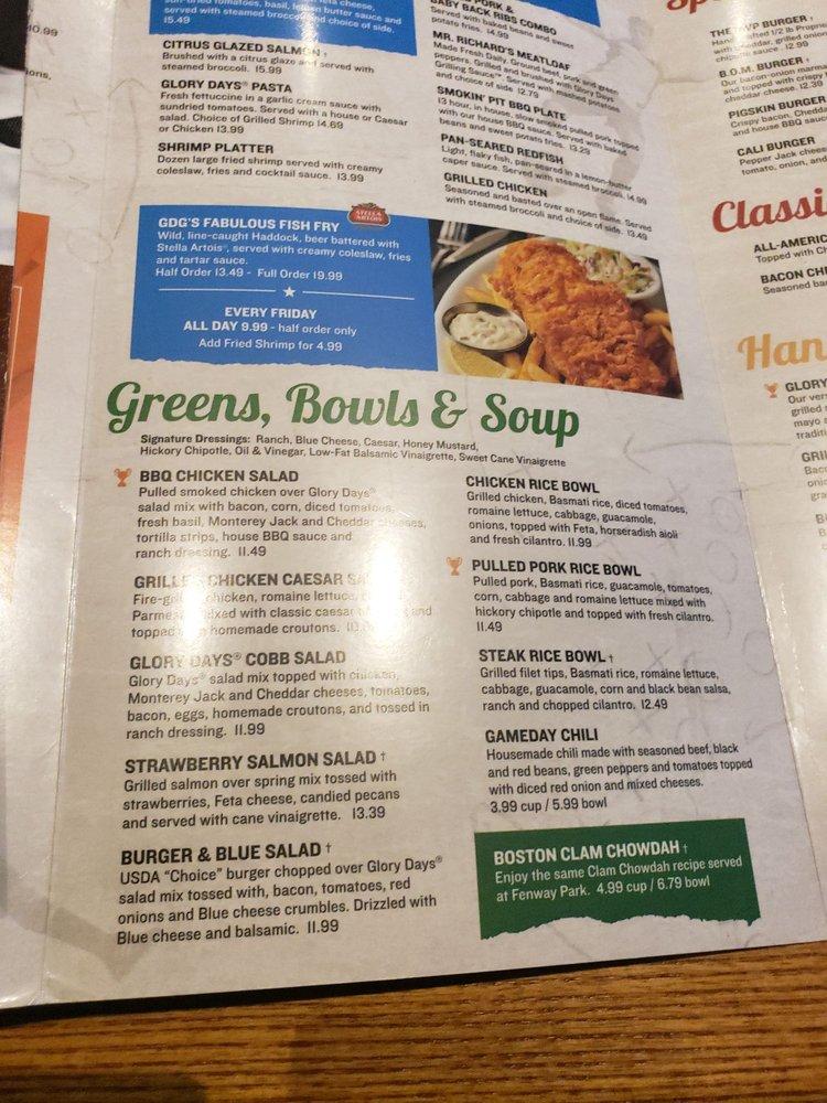 Menu at Glory Days Grill pub & bar, Tallahassee