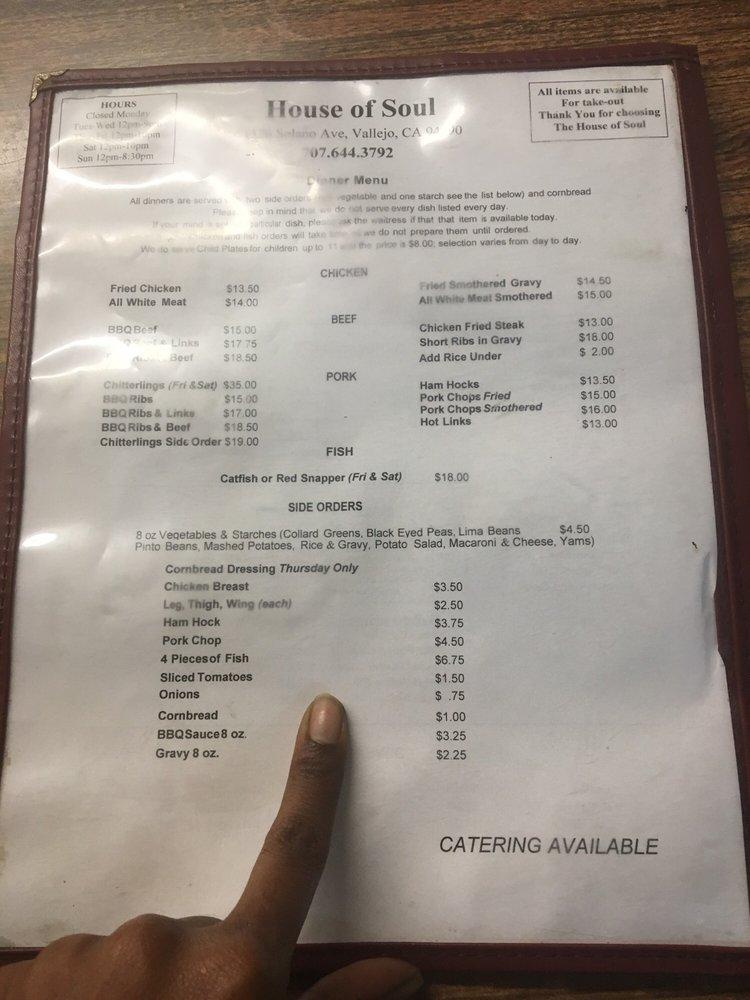 Menu at House of Soul restaurant, Vallejo, Solano Ave