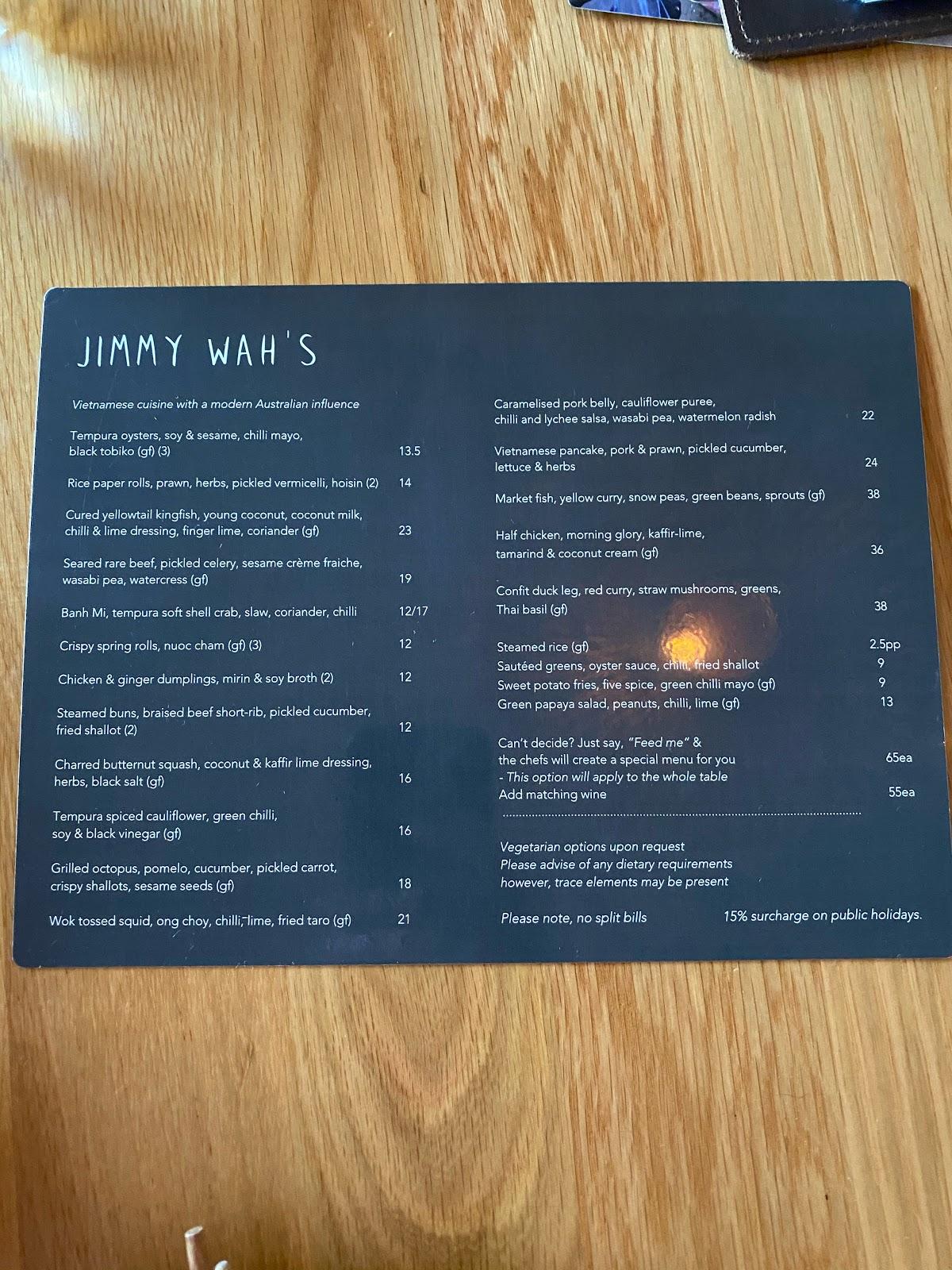 Menu at Jimmy Wah's restaurant, Burleigh Heads