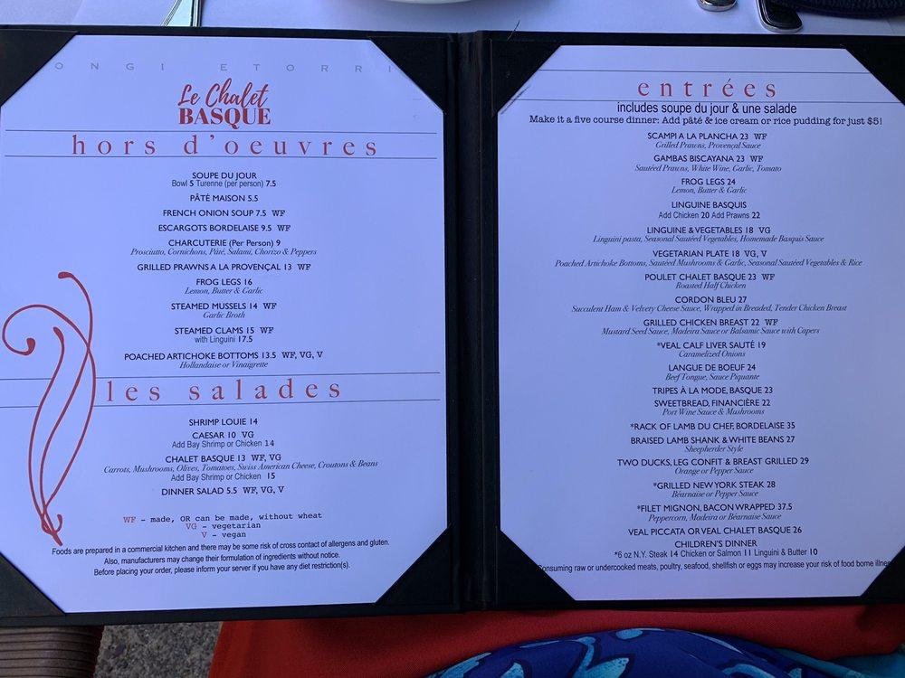Menu at Le Chalet Basque Restaurant, San Rafael