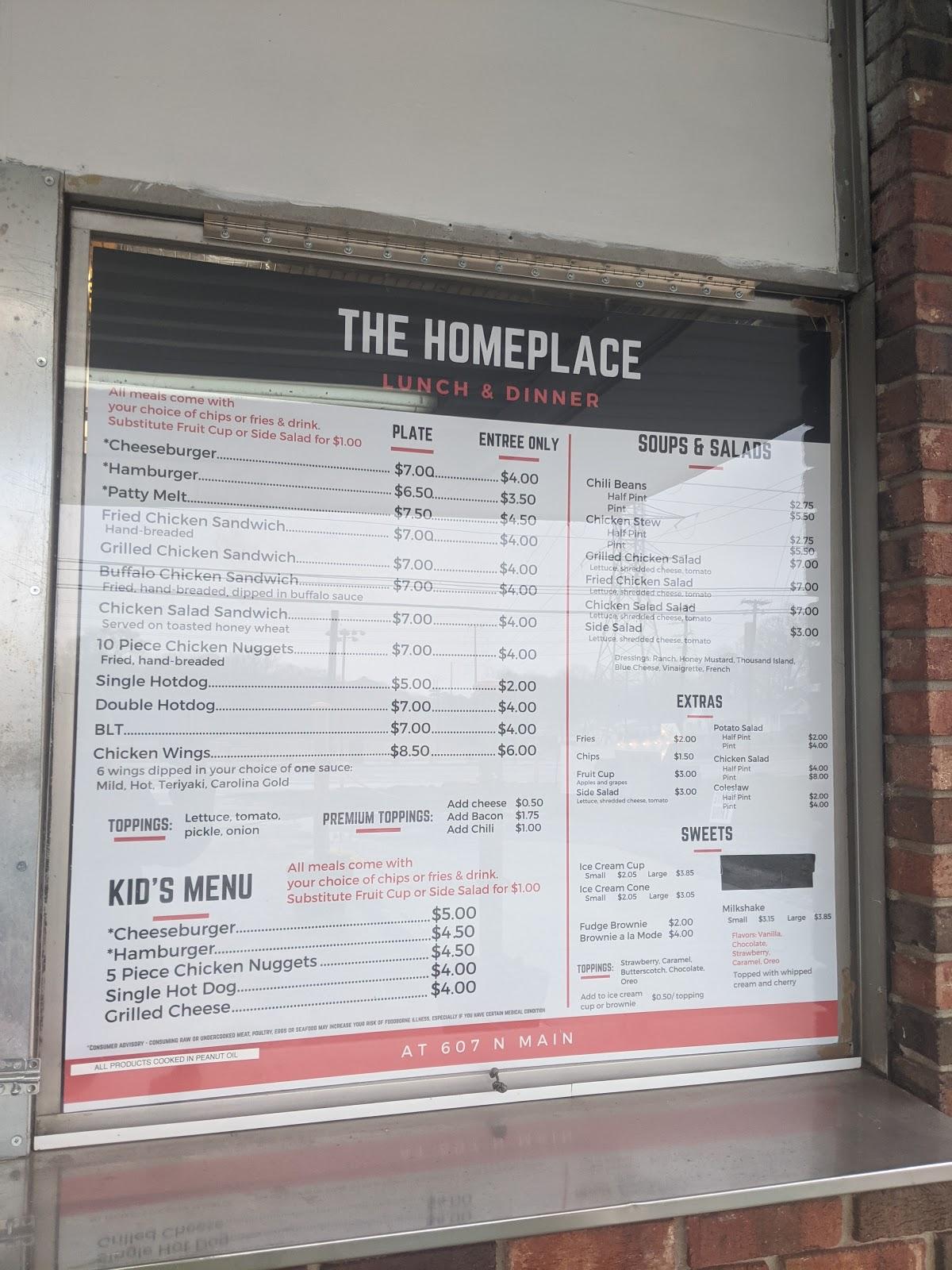 Menu at The Homeplace restaurant, Belton