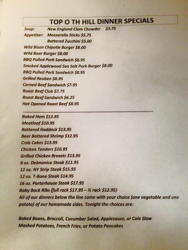 Menu at Top O’Th’ Hill Tavern pub & bar, Bridgewater