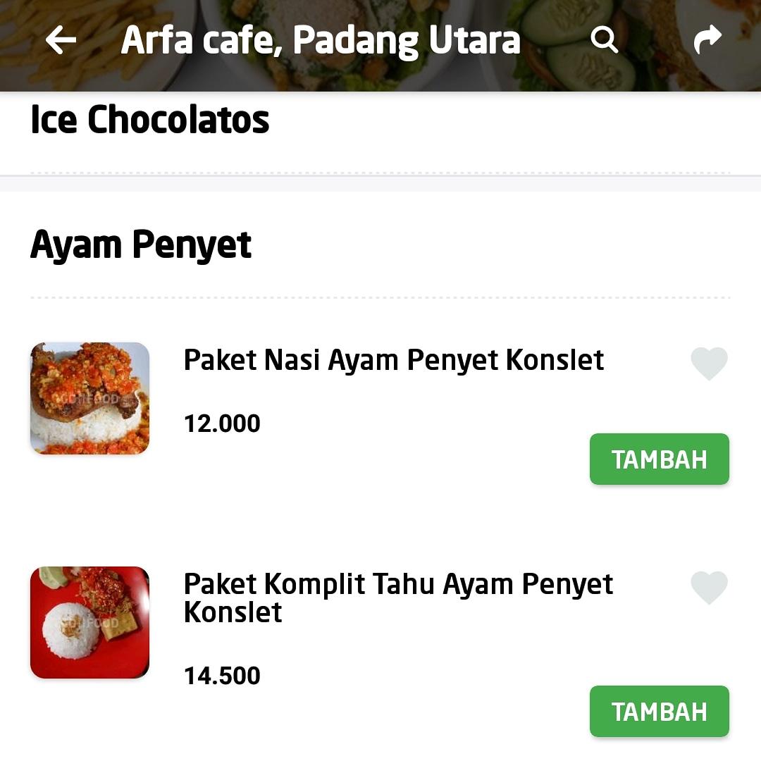 Menu at ARFA CAFE & AYAM GEPREK MANG UJANG, Padang