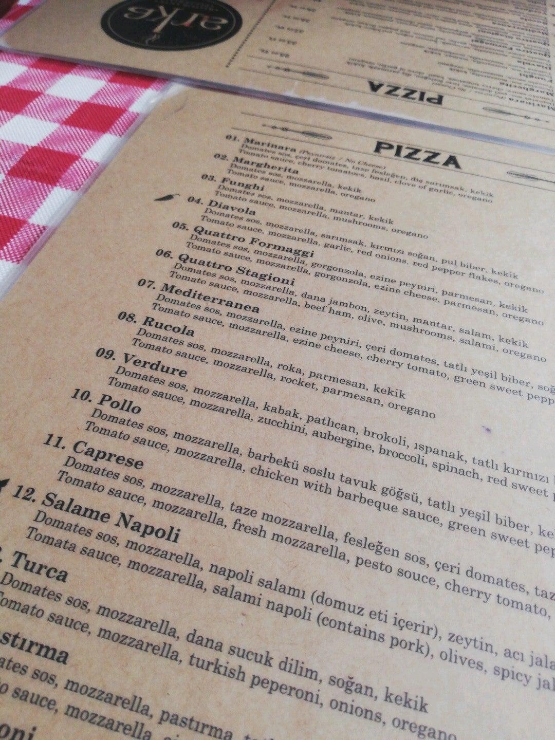 Carta de Arka Pizzeria, Bodrum, Carsi Mah Dr Ekrem Uslu Cikmazi Sok