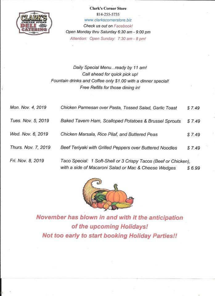 Menu at Clark's Corner Store pizzeria, Johnstown