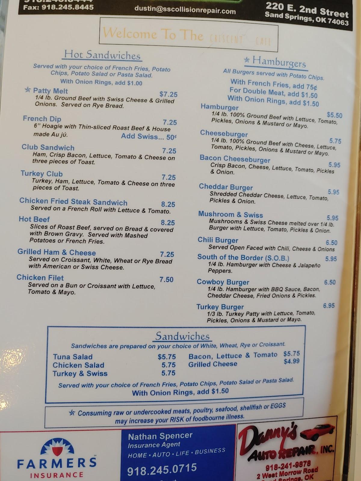 Menu at Crescent Cafe, Sand Springs