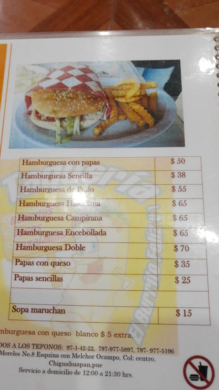 Carta del restaurante "EL BURRITO FELIZ", Chignahuapan