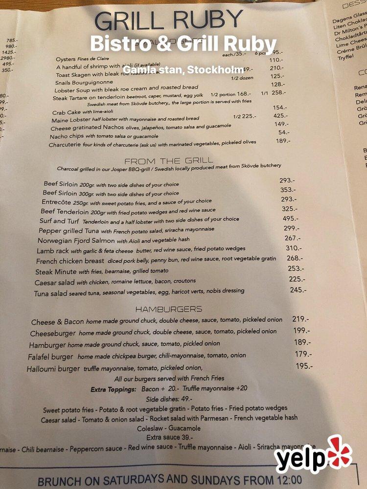 Menu at Ruby BBQ, Stockholm