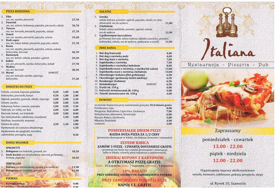 Menu at Italiana restaurant, Szamocin