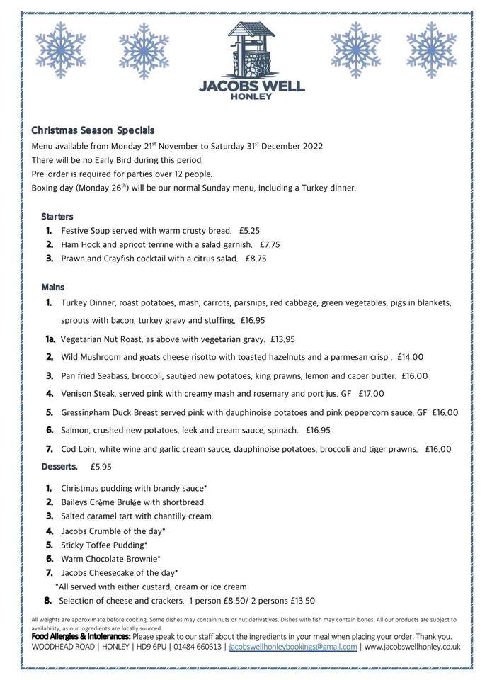 Menu at Jacobs Well pub & bar, Holmfirth, 16 Woodhead Rd