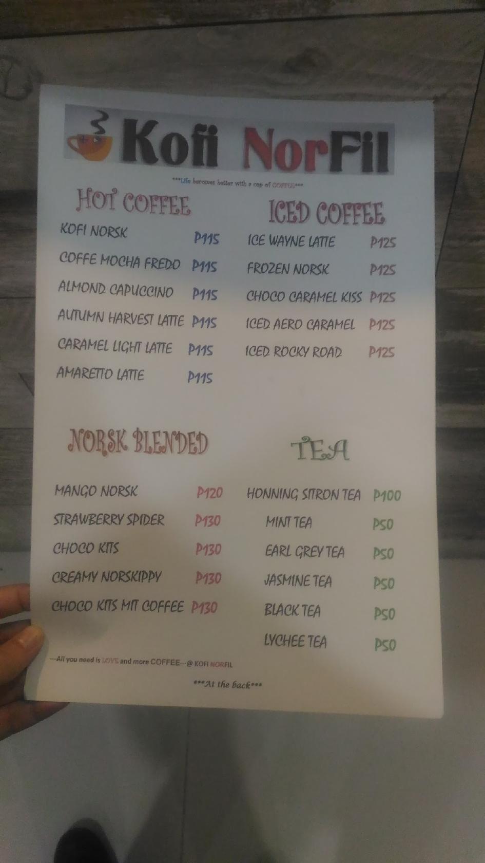 Menu at Kofi NorFil cafe, Cebu City