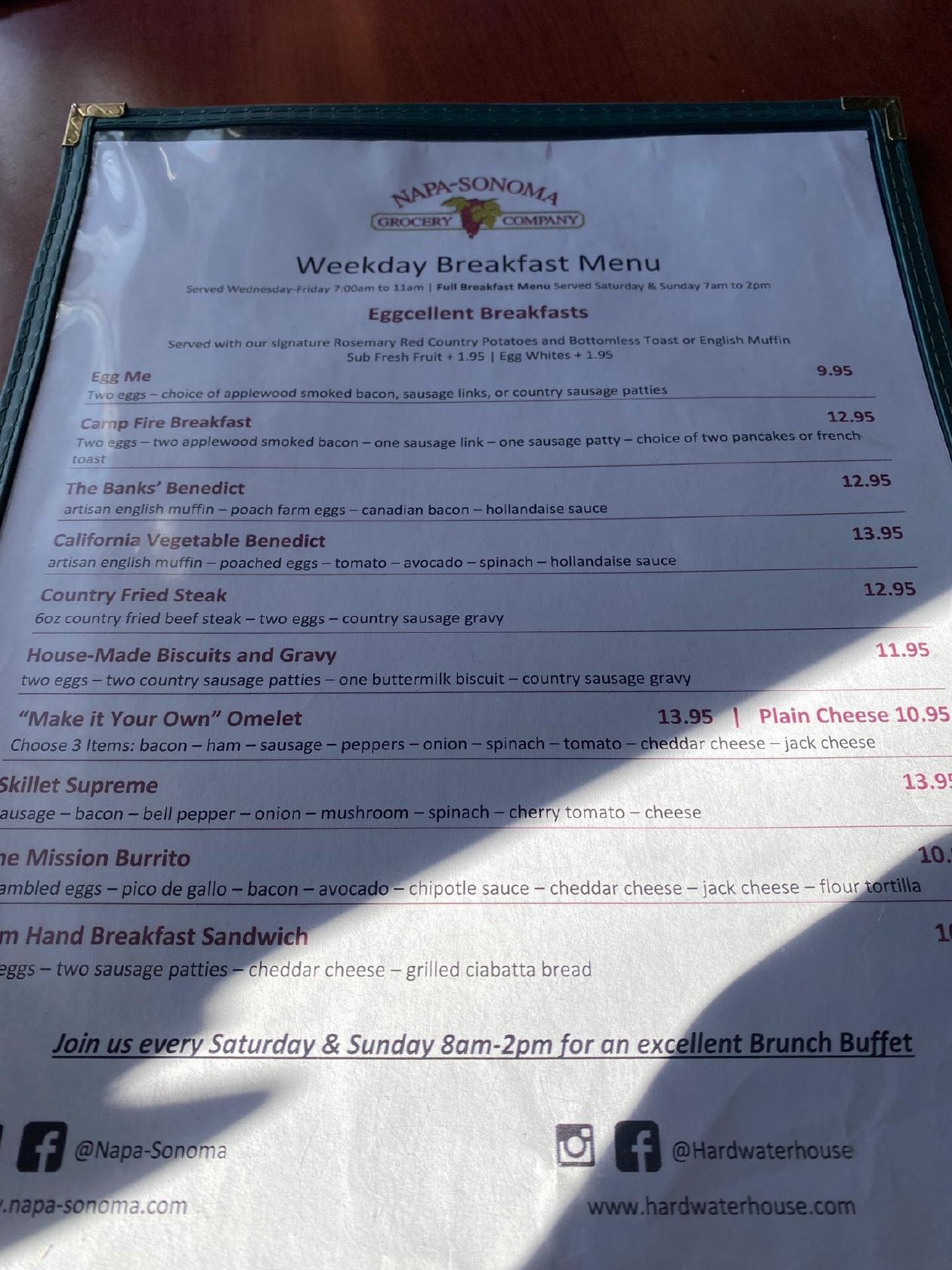Menu at Napa Sonoma Grocery Co pub & bar, Reno