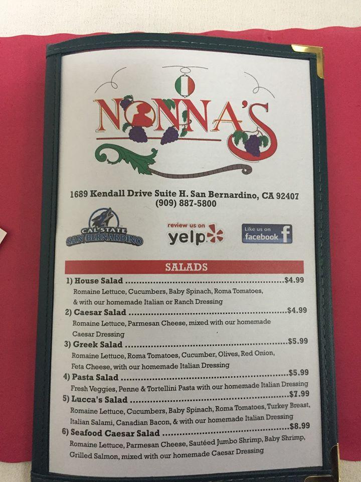 Menu at Nonna's Italian Restaurant, San Bernardino