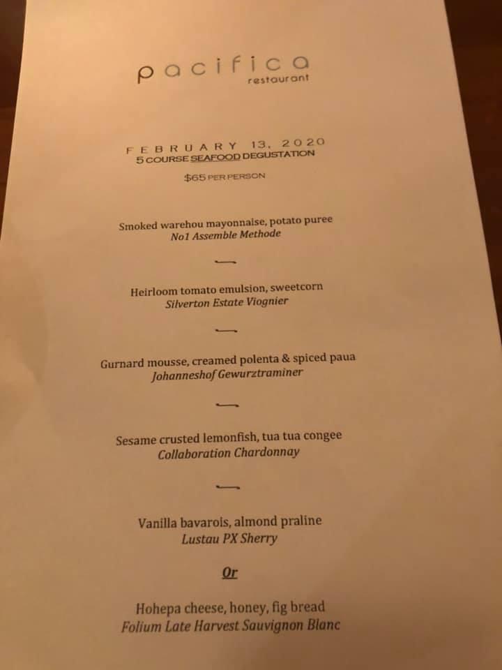 Menu at Pacifica Restaurant, Napier, 209 Marine Parade
