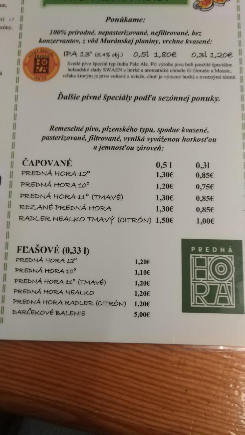 Menu at Piváreň Predná Hora restaurant, Humenné
