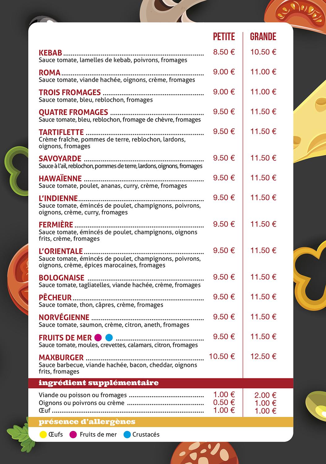 Menu au Pizzeria Pizza Fuse, Felletin