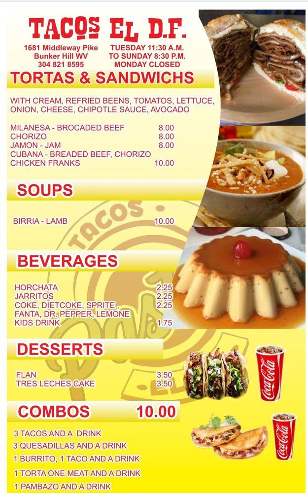 Menu at TACOS EL DF restaurant, Bunker Hill