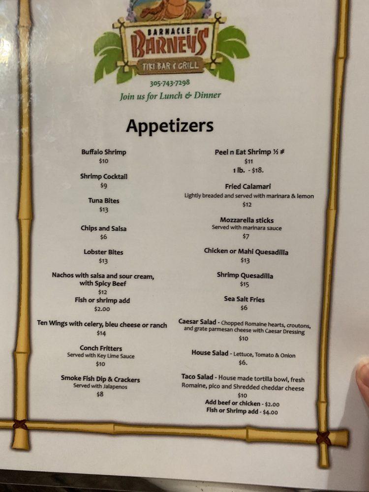 Menu at Barnacle Barney's Tiki Bar and Grill, Marathon