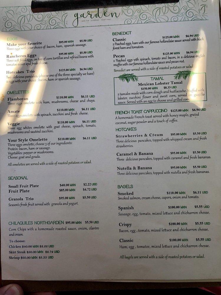 Menu at North Garden restaurant, Isla Mujeres