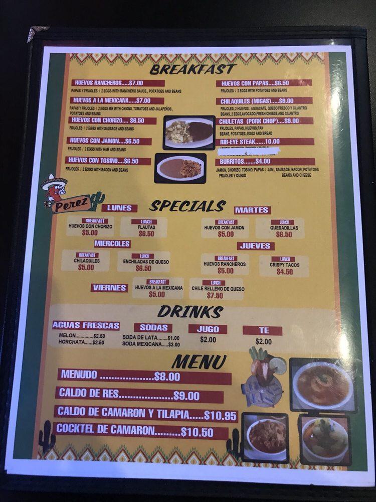 Menu at Perez Restaurant, Fort Worth