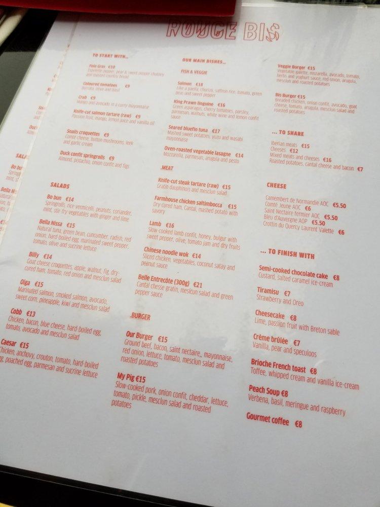 Menu at Rouge Bis pub & bar, Paris