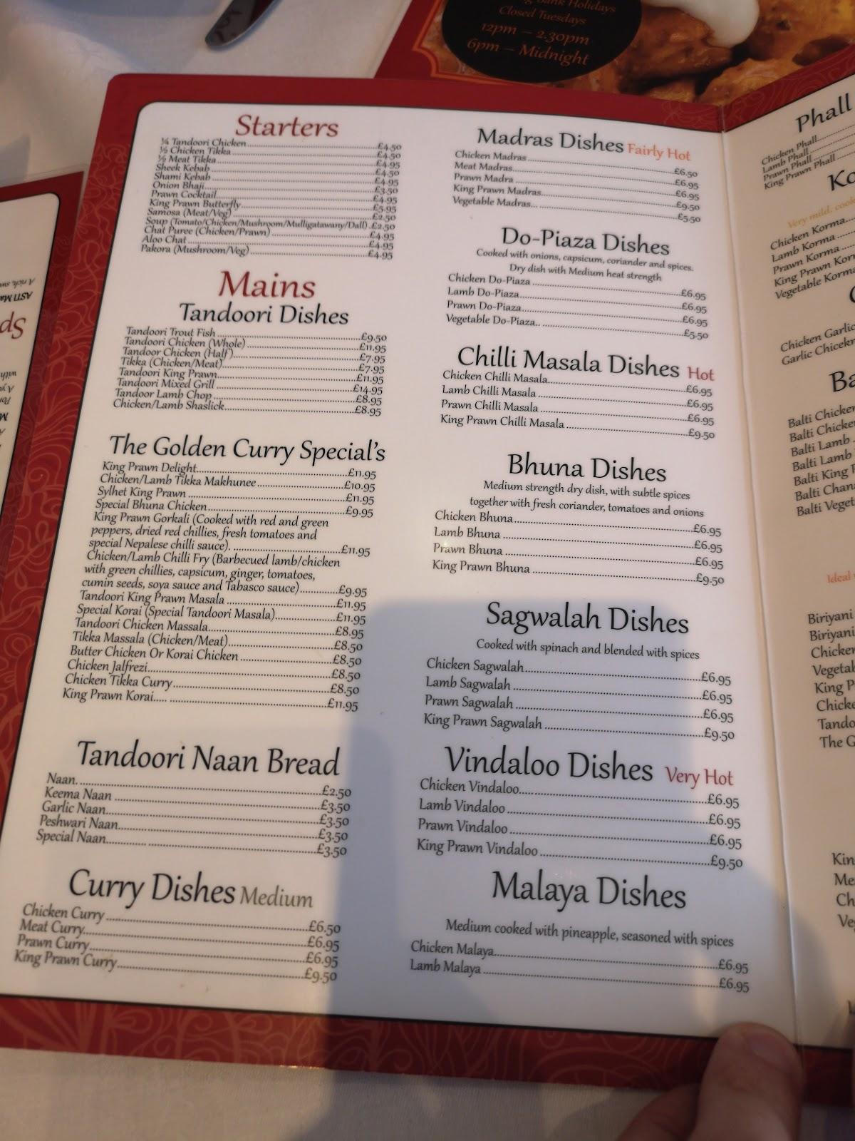 Menu at The Golden Curry Restaurant, Margate