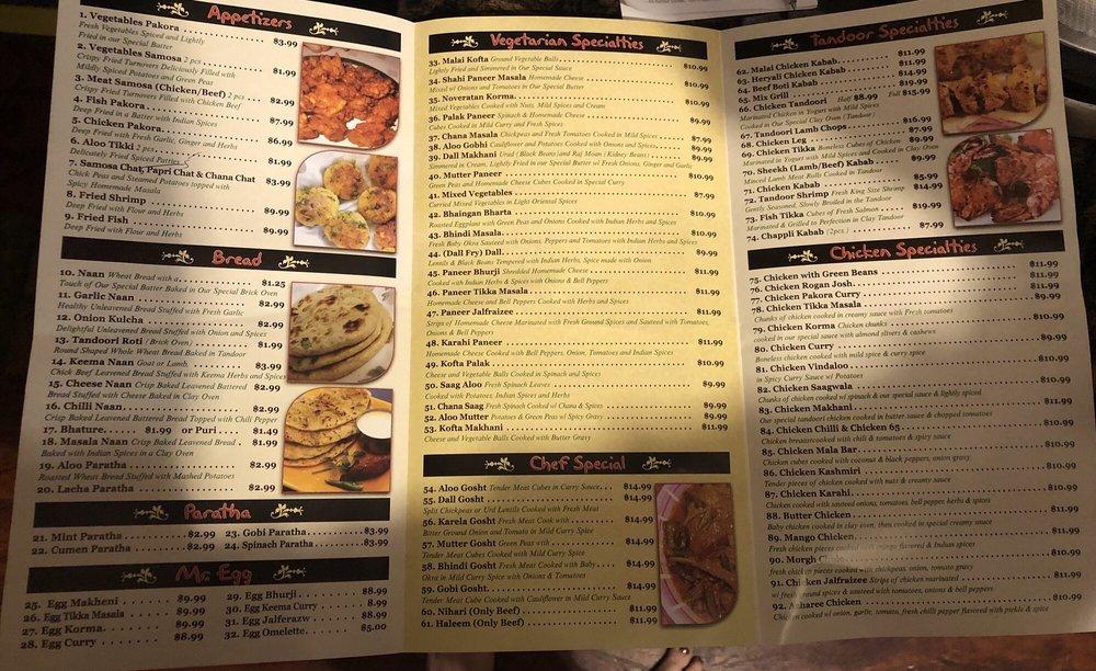 Menu at Zaika Pakistani restaurant, Philadelphia