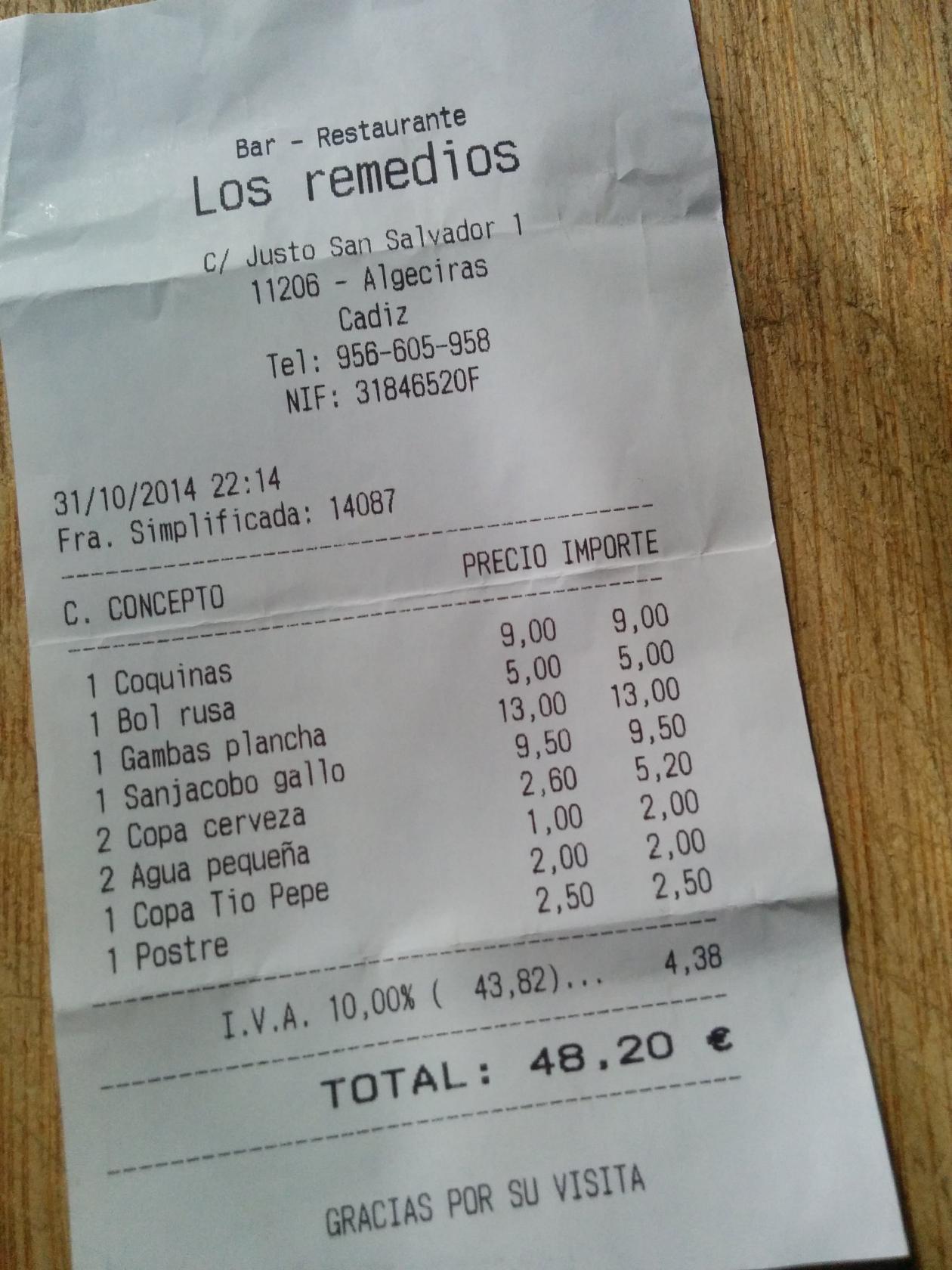 Carta del restaurante los remedios, Algeciras