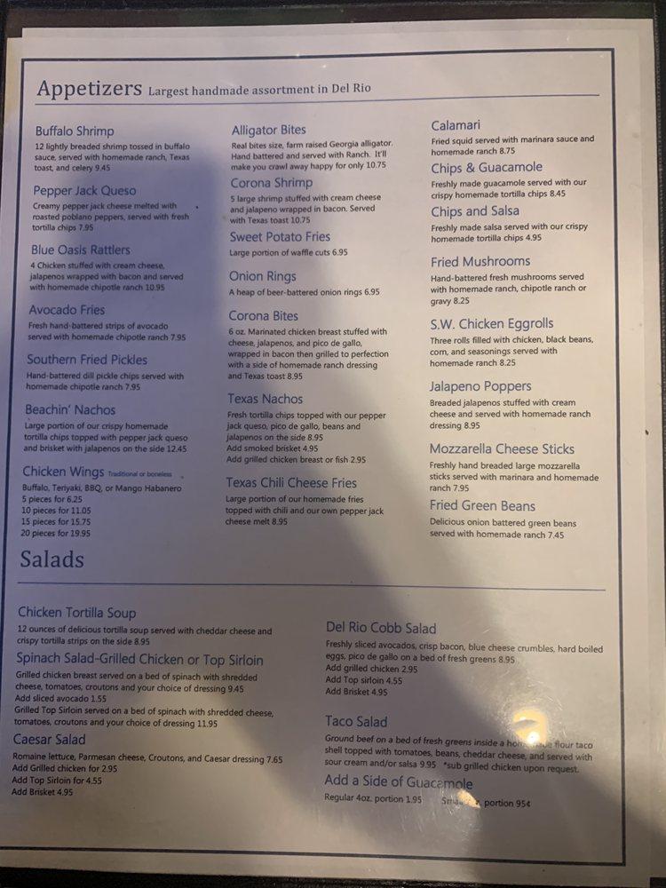 Menu at Blue Oasis Bar & Grill, Del Rio