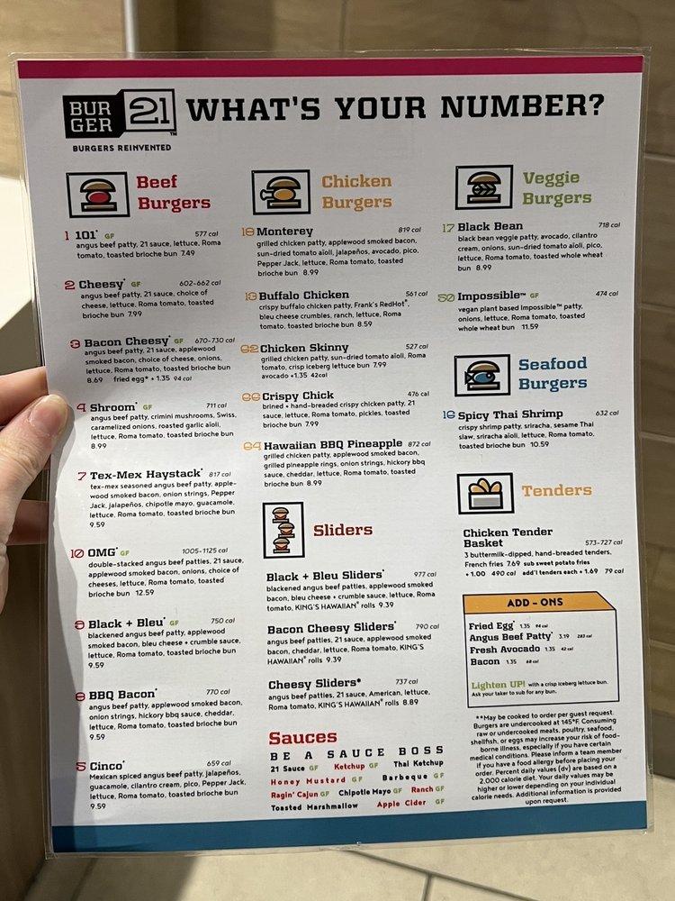 Menu at Burger 21 restaurant, Orland Park