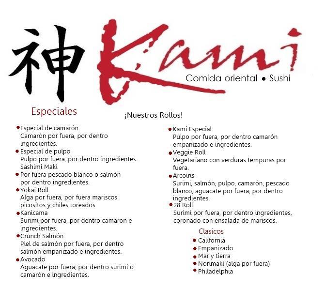 Menu at Kami Cocina Oriental-Sushi restaurant, Francisco I. Madero