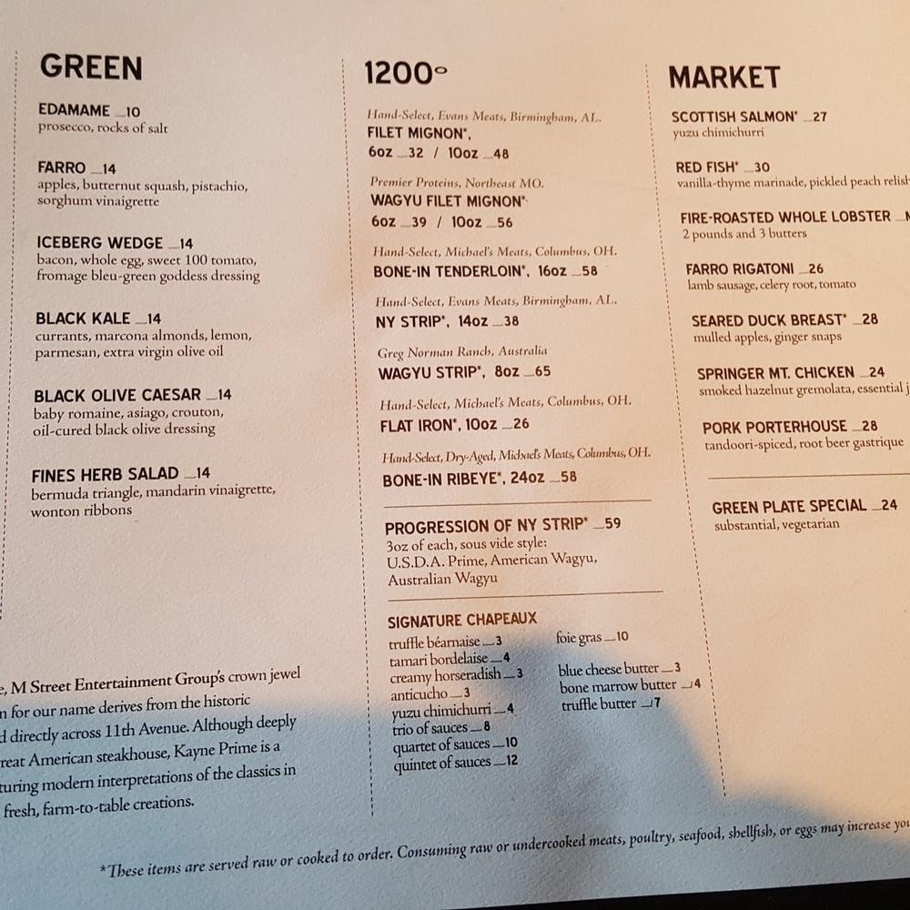 Menu at Kayne Prime Steakhouse, Nashville