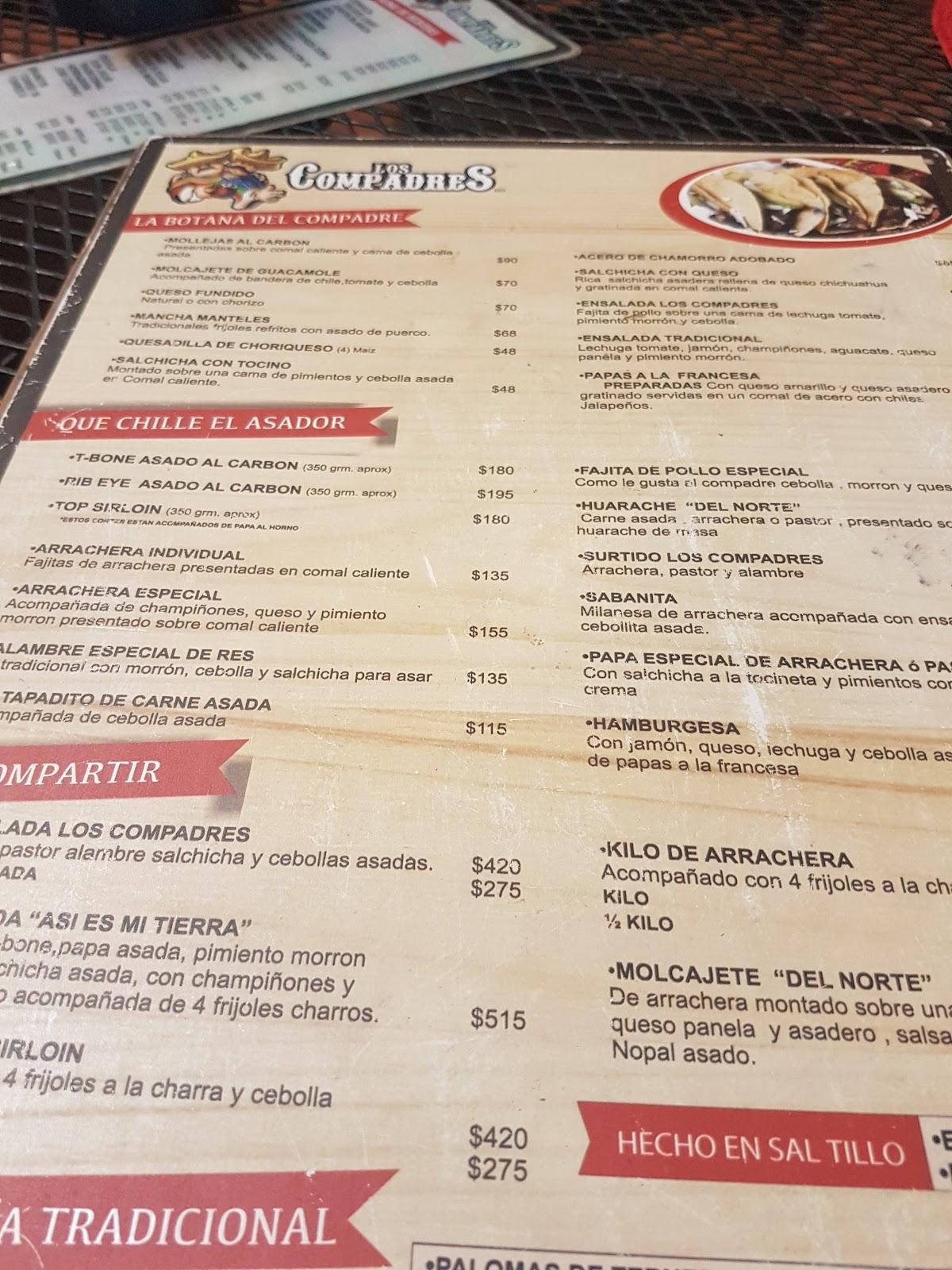 Carta del restaurante Los Compadres, Saltillo, Lic. Benito Juárez 463