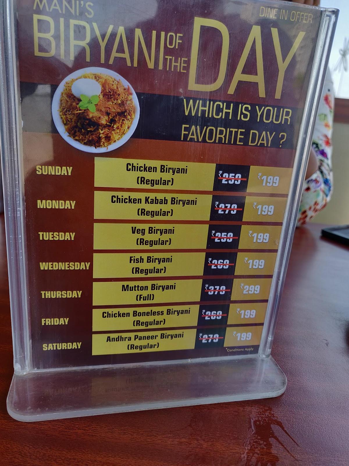 Menu at Mani's Dum Biryani - Whitefield, Bengaluru, Trijal Commerzspace