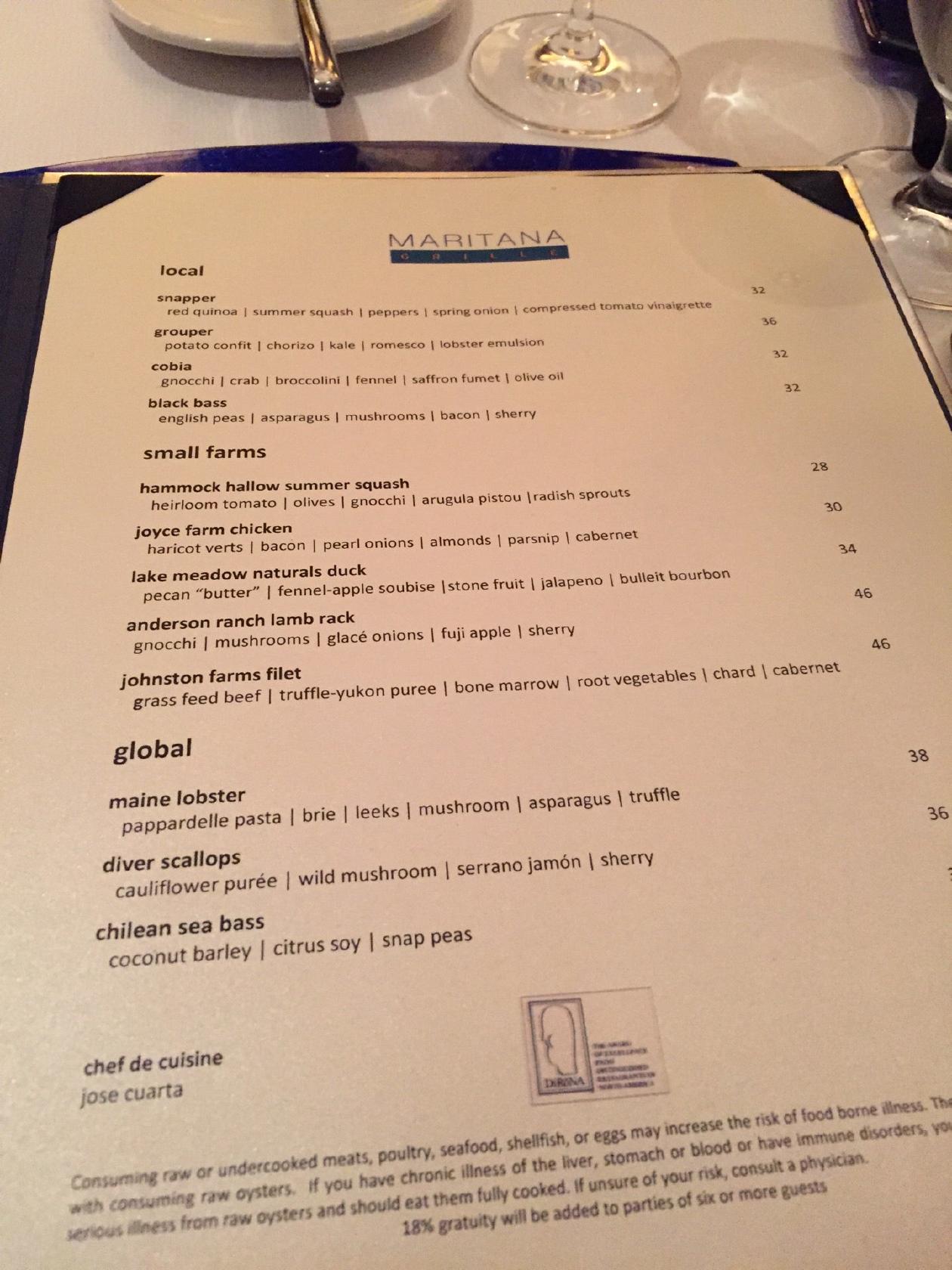 Menu at Maritana restaurant, Saint Pete Beach