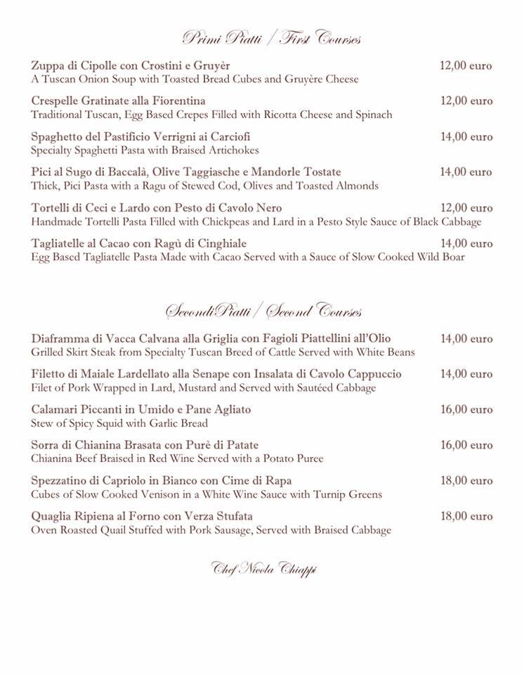 Menu at Osteria dell'Enoteca restaurant, Florence