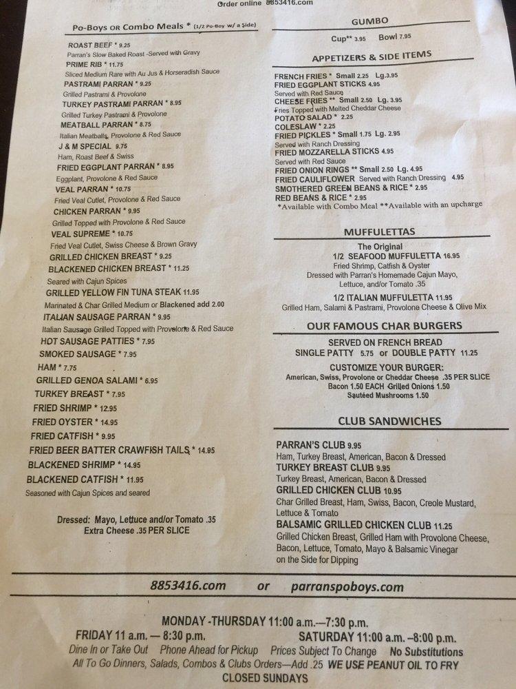Menu at Parran's Po-Boys & Restaurant, Metairie, Veterans Blvd