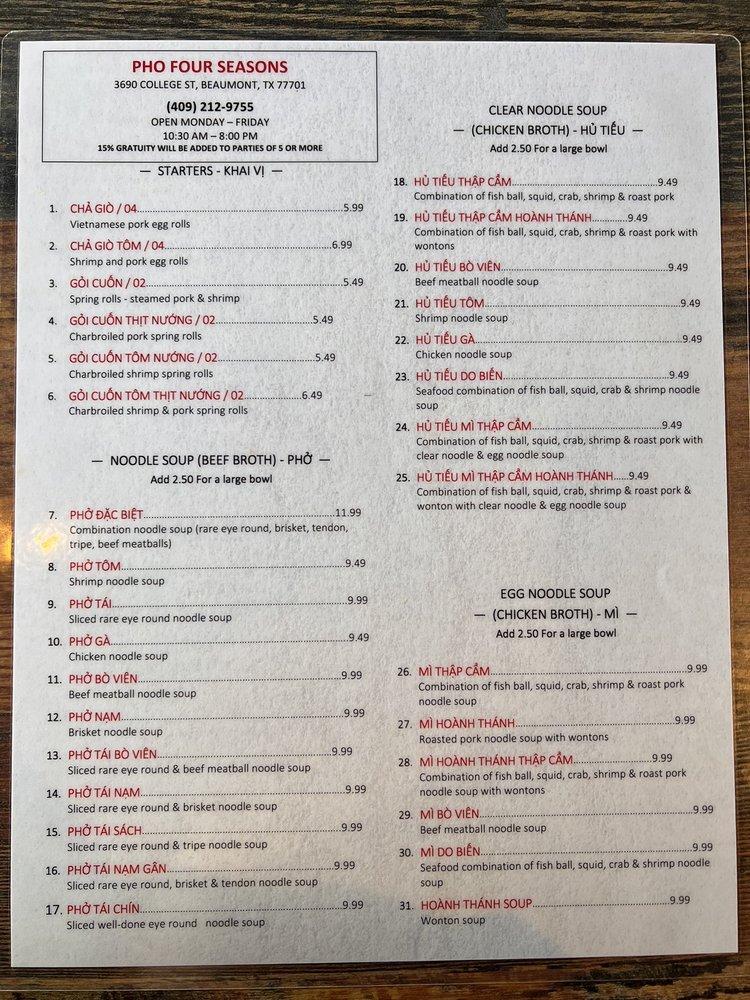 Menu at Pho Four Seasons restaurant, Beaumont, College St