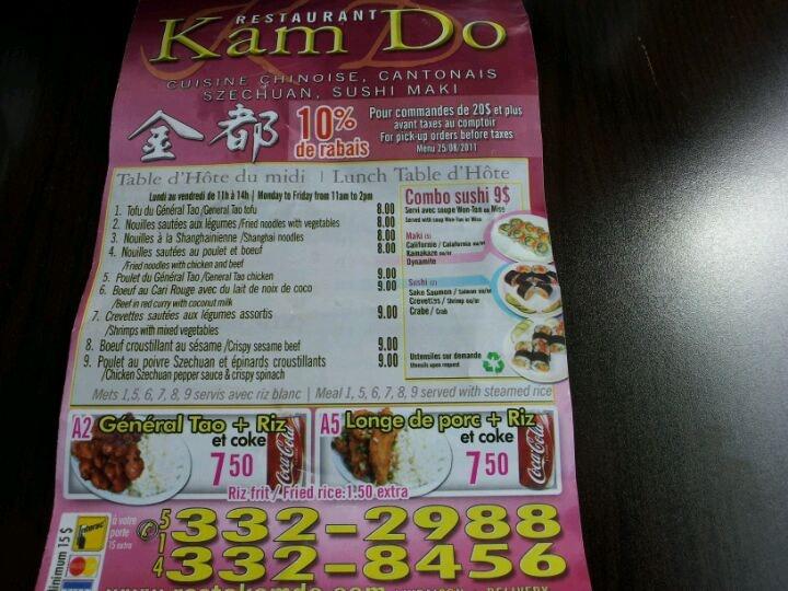 Menu at Restaurant Kam Do, Montréal