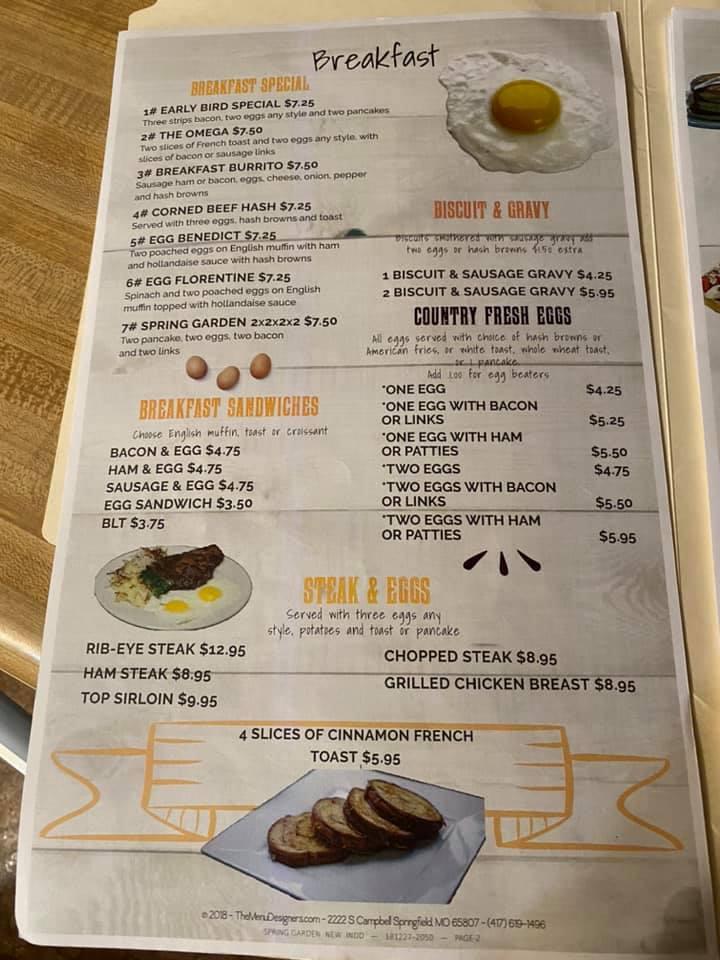 Menu at Spring Garden Restaurant, Camanche