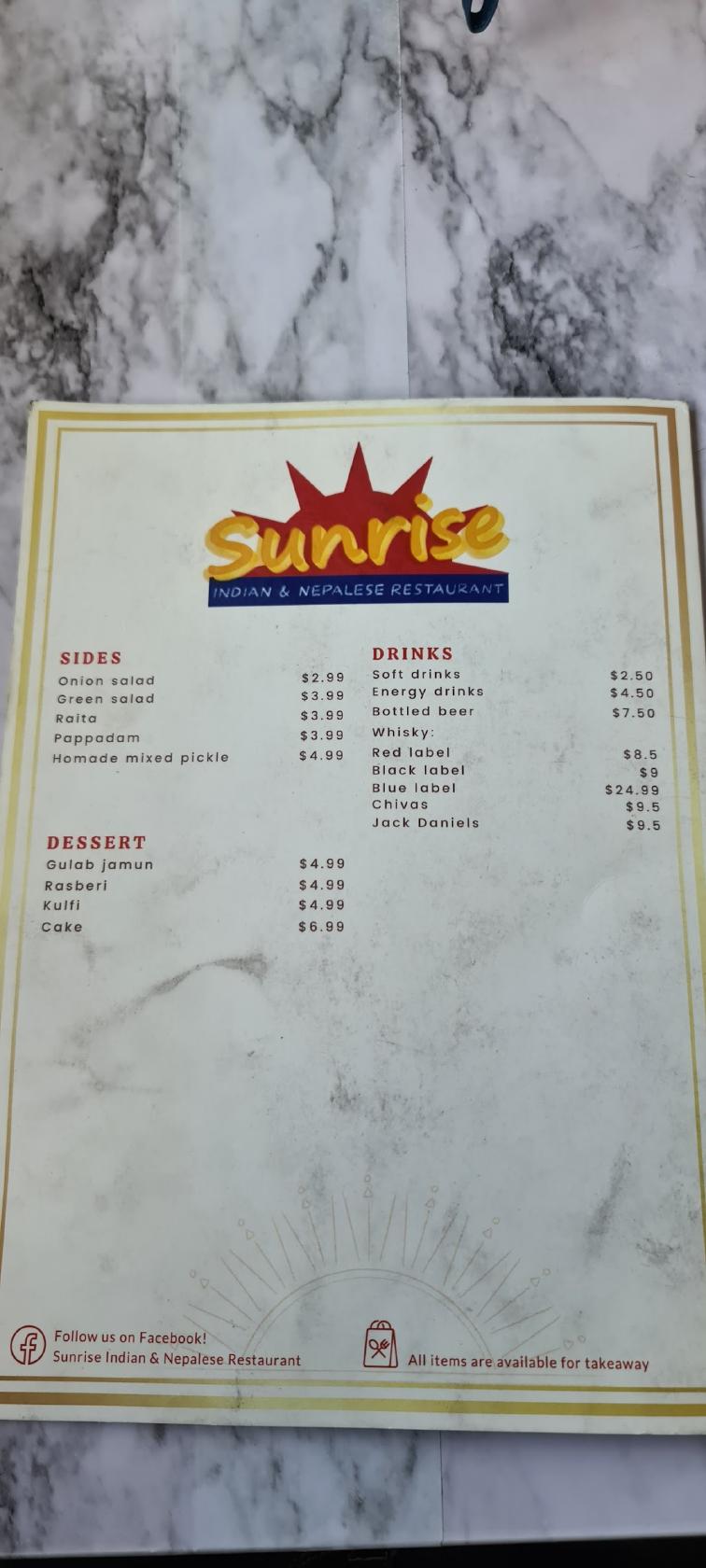 Menu at Sunrise Indian and Nepalese Restaurant, Plympton