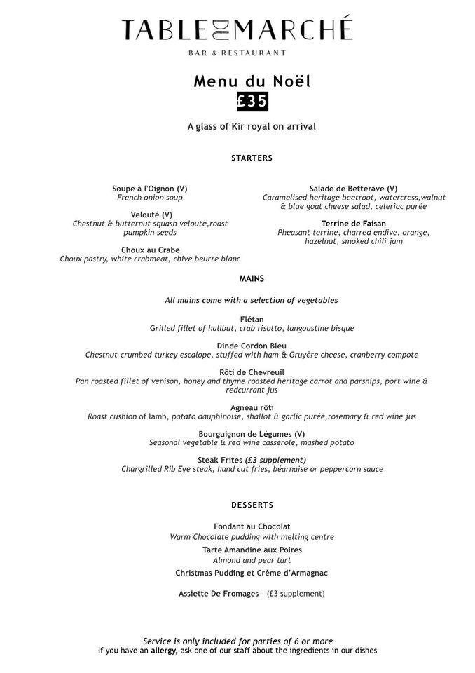 Menu at Table Du Marche restaurant, London