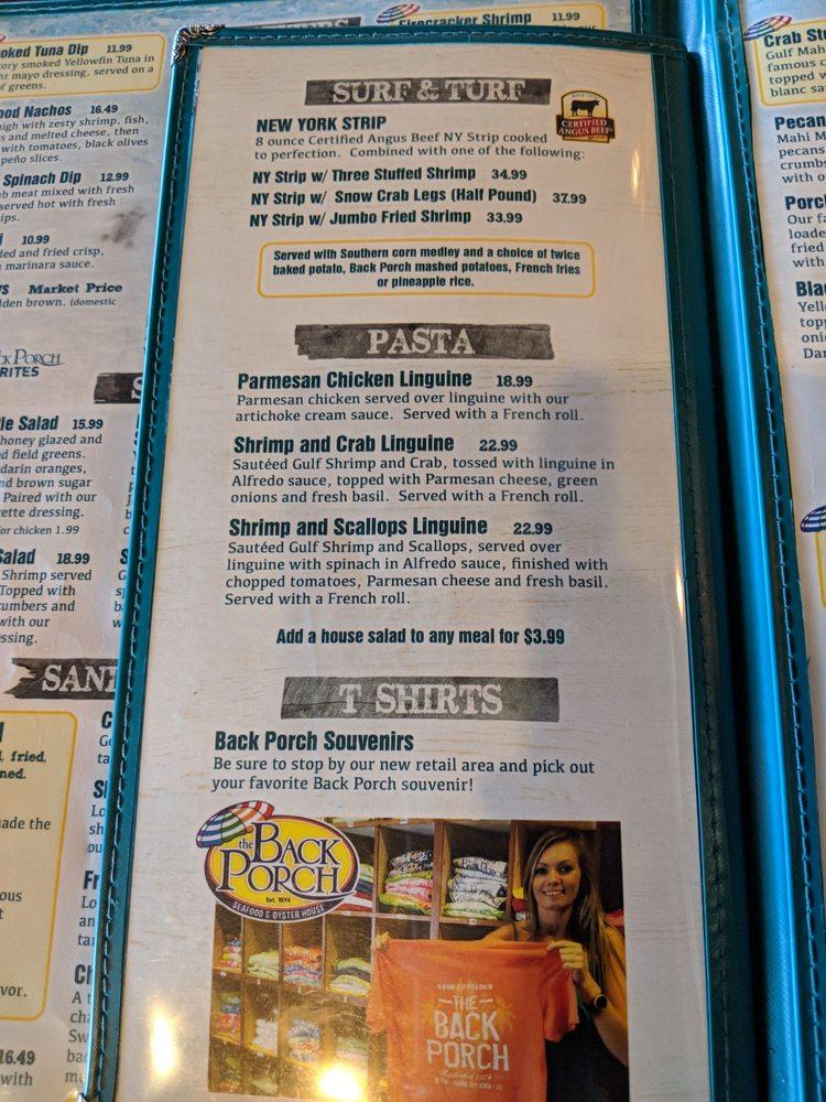 Menu at The Back Porch Seafood & Oyster House restaurant, Panama City ...