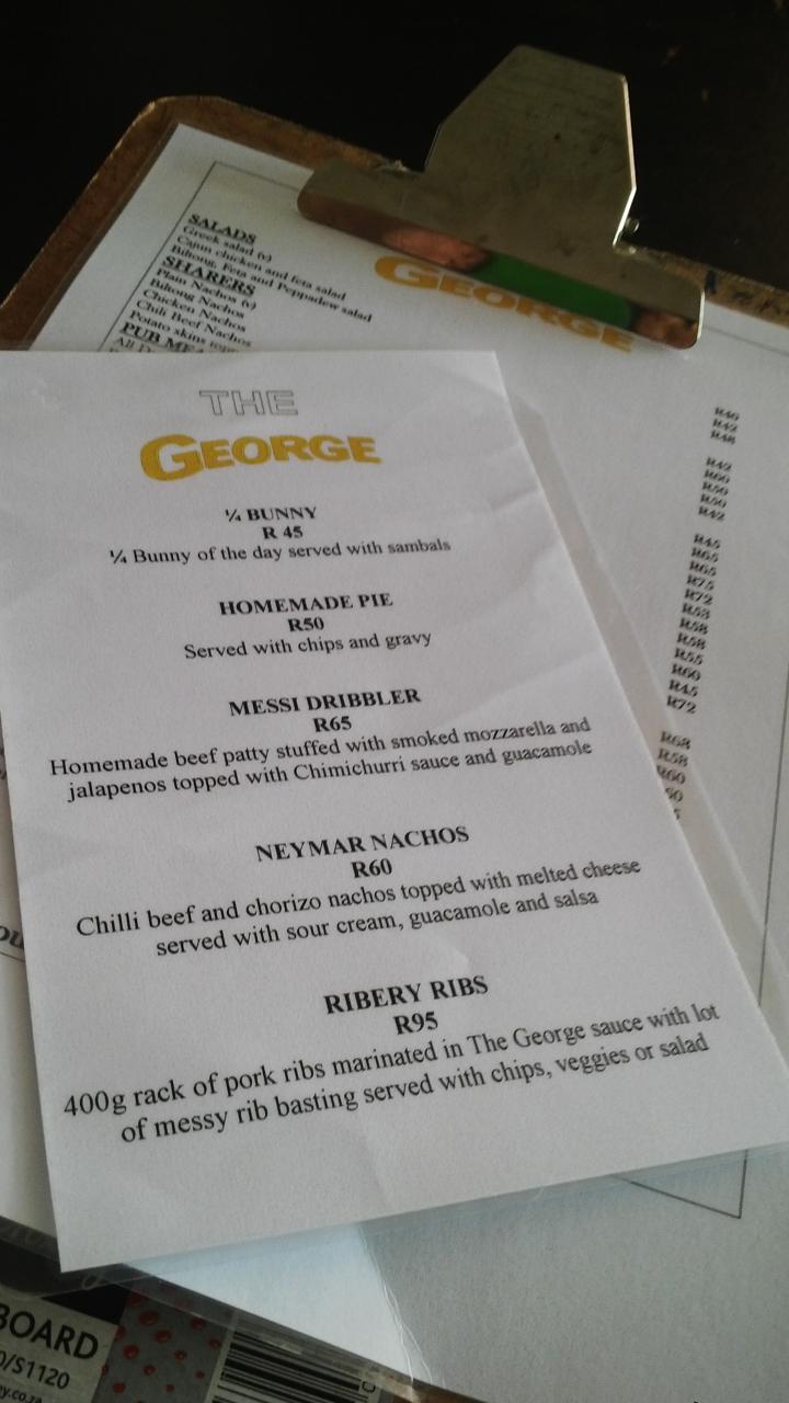 Menu at The George pub & bar, Durban