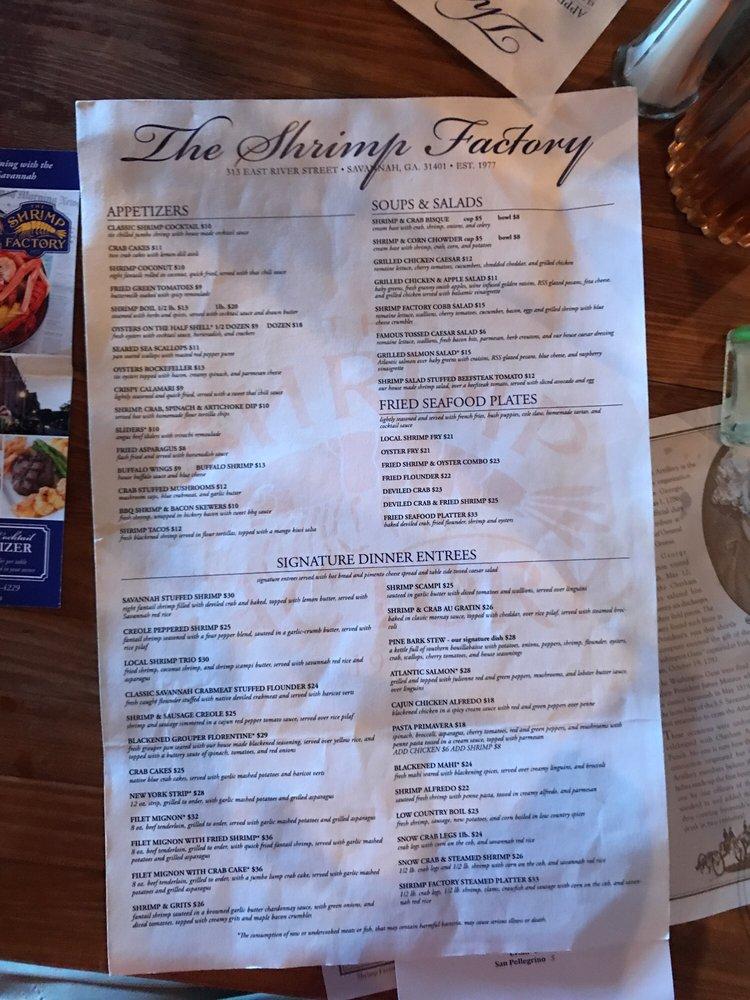 Menu at The Shrimp Factory restaurant, Savannah