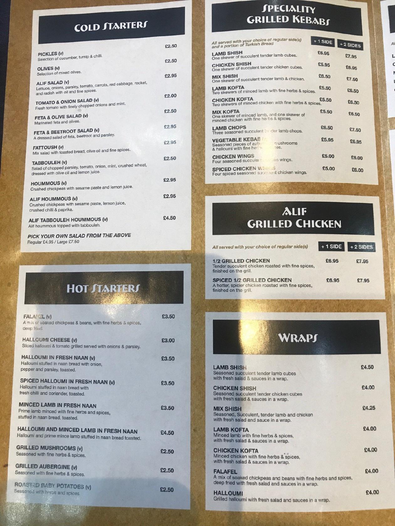 Menu at Alif Grill restaurant, Manchester