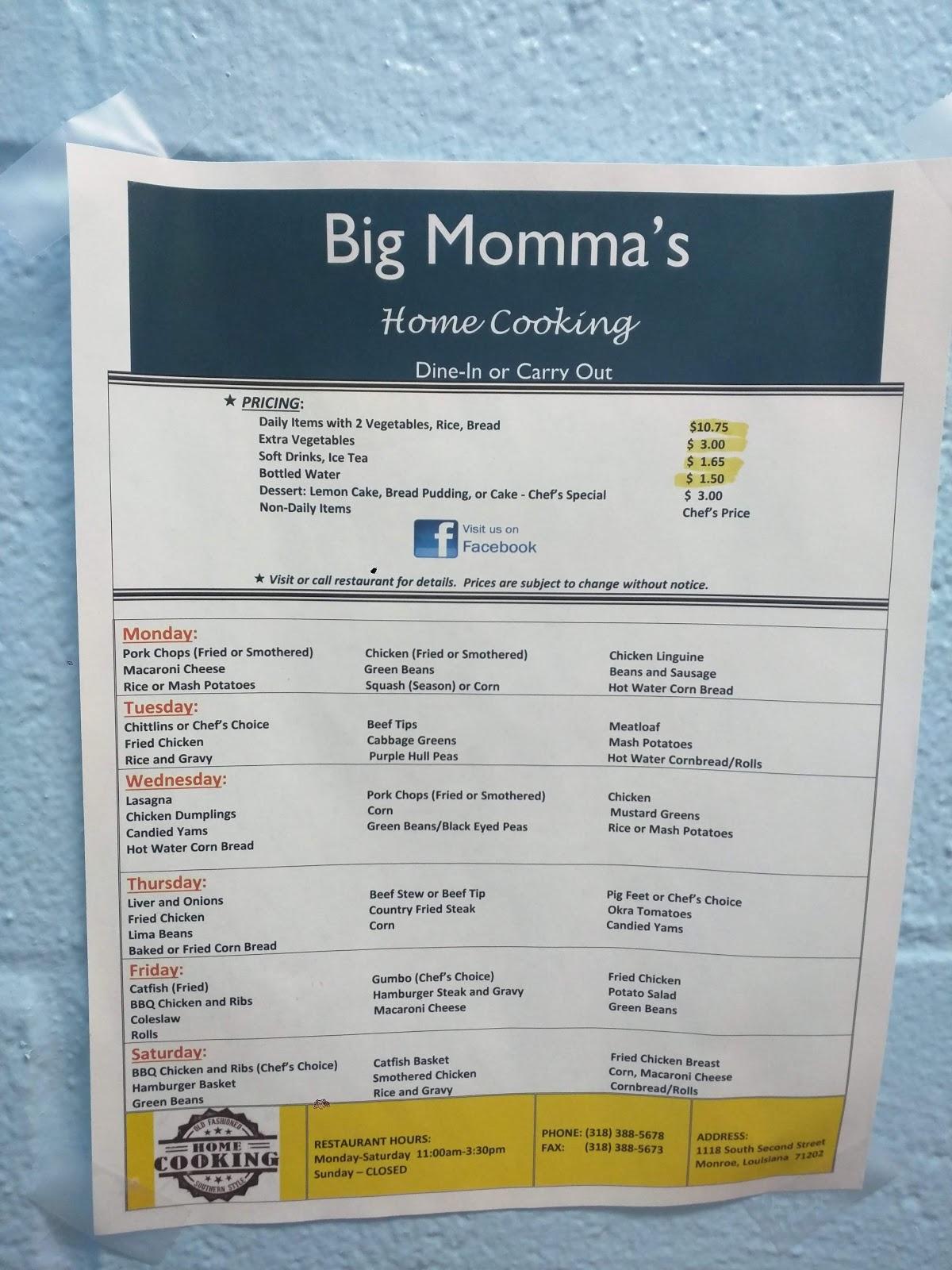 Menu at Big Momma's Fine Foods restaurant, Monroe