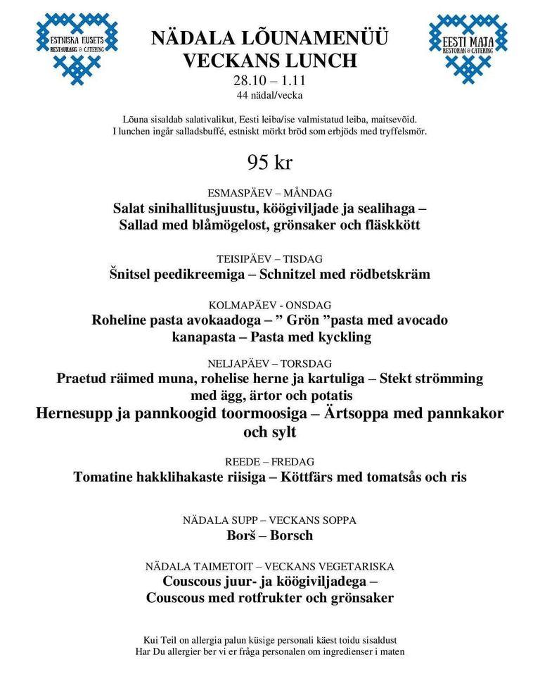 Menu at Estniska Husets Restaurang & Catering restaurant, Stockholm