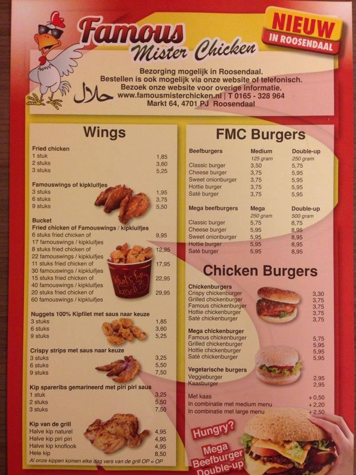 Menu at Famous mister chicken, Roosendaal
