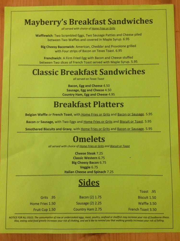 Menu at Mayberry's Soups & Sandwiches pub & bar, Brevard
